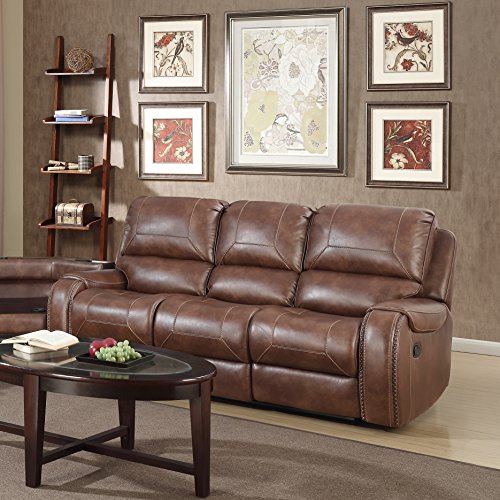 Roundhill Furniture Achern Leather Air Nail head Manual Reclining Sofa with Storage Console, Brown