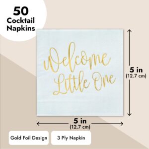 BLUE PANDA 50 Pack Pink Baby Shower Napkins –“Welcome Little One” Light Blue Napkins with Gold Foil for Baby Shower Decorations (5x5 In) - Baby Boy Shower Napkins - Welcome Baby Napkins