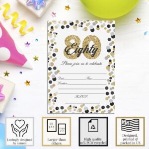 Confetti Polka Dot 80th Birthday Party Invitations, 20 5x7 Fill In Cards with Twenty White Envelopes by AmandaCreation