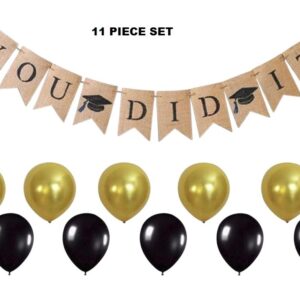 YOU DID IT Graduation Banner - Grad Party Supplies and Decorations - Gold and Black Balloons - Ready to Hang Graduation Burlap Banner by Jolly Jon