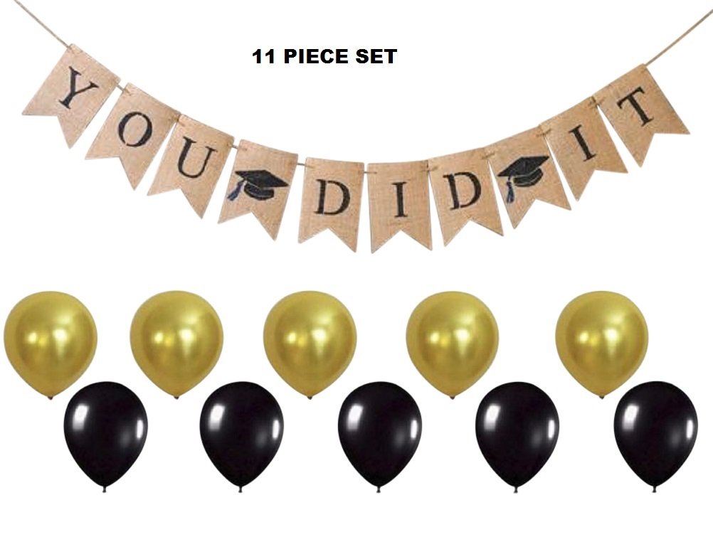 YOU DID IT Graduation Banner - Grad Party Supplies and Decorations - Gold and Black Balloons - Ready to Hang Graduation Burlap Banner by Jolly Jon