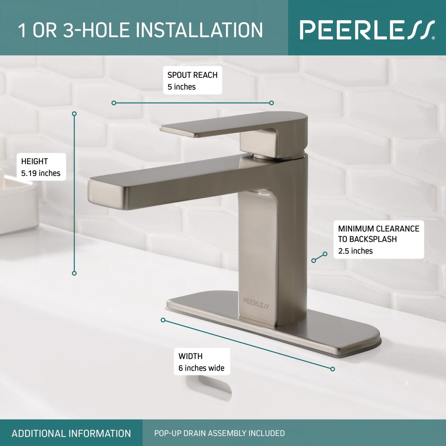 Peerless P1519LF-BN-M Xander Single Handle Bathroom with Metal Pop-up Drain, Brushed Nickel