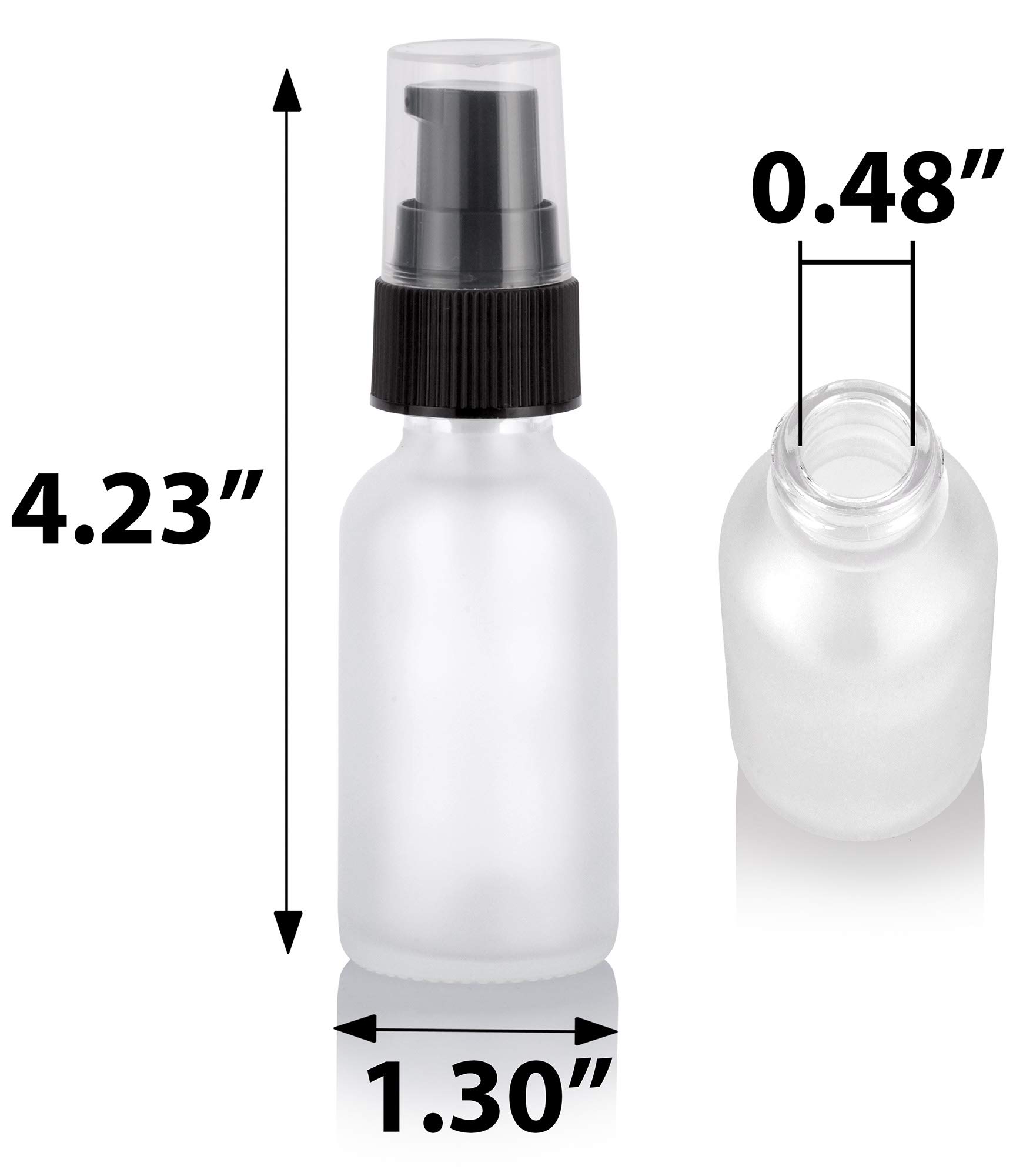 1 oz / 30 ml Frosted Clear Glass Boston Round Bottle with Black Treatment Pump (24 Pack) + Funnel