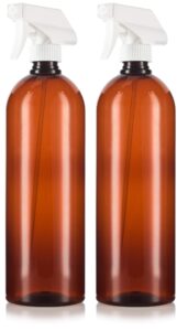 amber 32 oz large boston round pet plastic bottles (bpa free) with white heavy duty industrial trigger sprayer (2 pack)