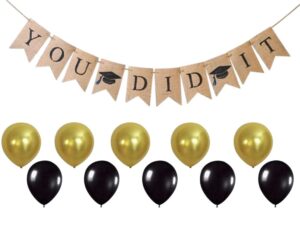 you did it graduation banner - grad party supplies and decorations - gold and black balloons - ready to hang graduation burlap banner by jolly jon