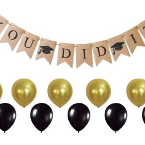 YOU DID IT Graduation Banner - Grad Party Supplies and Decorations - Gold and Black Balloons - Ready to Hang Graduation Burlap Banner by Jolly Jon