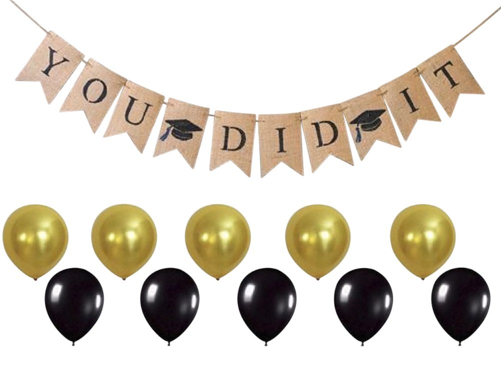 YOU DID IT Graduation Banner - Grad Party Supplies and Decorations - Gold and Black Balloons - Ready to Hang Graduation Burlap Banner by Jolly Jon