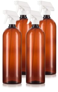 amber 32 oz large boston round pet plastic bottles (bpa free) with white heavy duty industrial trigger sprayer (4 pack)