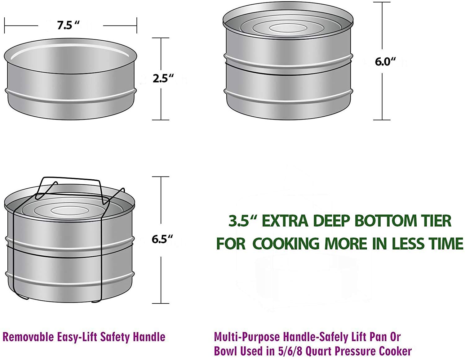 Ecozoi Premium Extra Deep Stackable Steamer Insert Pans Pot in Pot for Instant Pot 6, 8 Quart Instant Pot Accessories - 2 Tier | Interchangeable Lids | Comes with 5 Additional Mini Cups for Baking