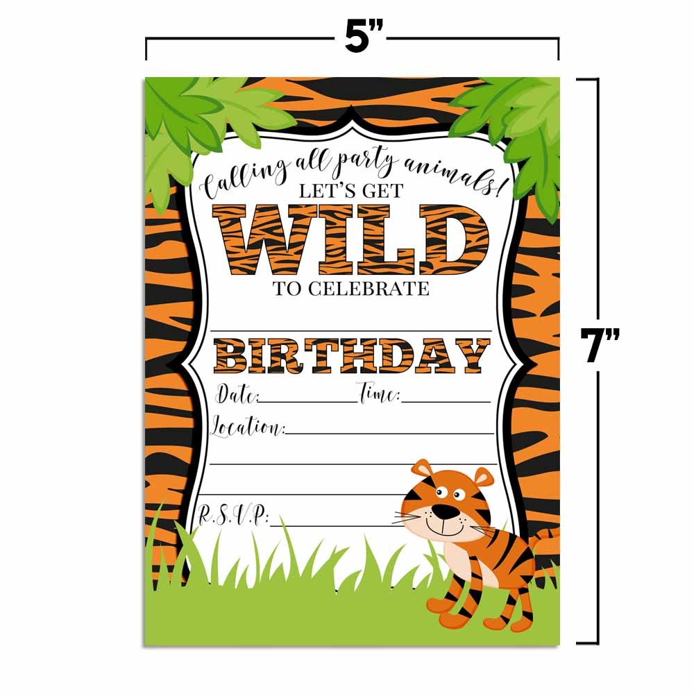 Tiger Birthday Party Invitations for a WILD time, 20 5x7 Fill In Cards with Twenty White Envelopes by AmandaCreation.