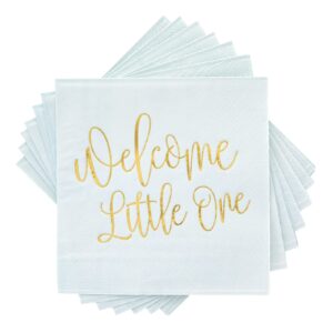 blue panda 50 pack pink baby shower napkins –“welcome little one” light blue napkins with gold foil for baby shower decorations (5x5 in) - baby boy shower napkins - welcome baby napkins