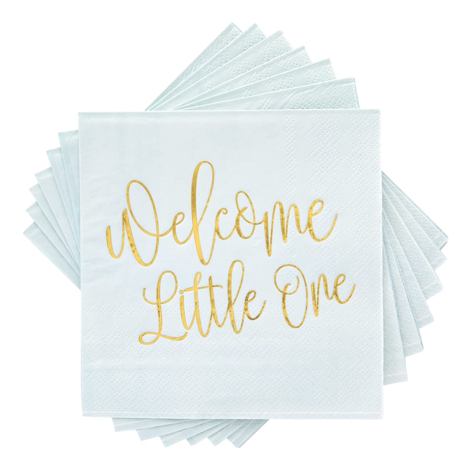 BLUE PANDA 50 Pack Pink Baby Shower Napkins –“Welcome Little One” Light Blue Napkins with Gold Foil for Baby Shower Decorations (5x5 In) - Baby Boy Shower Napkins - Welcome Baby Napkins