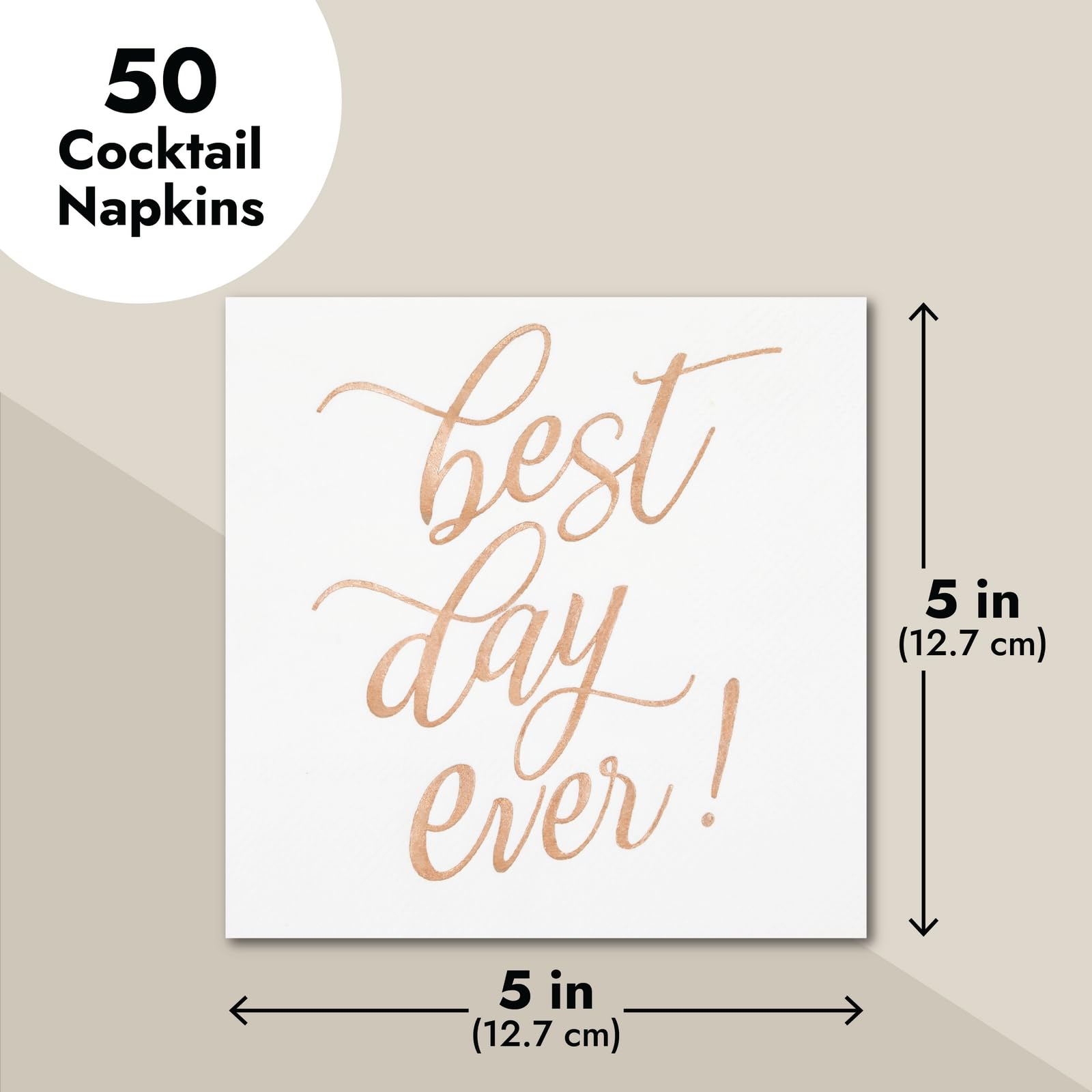 BLUE PANDA 50-Pack Best Day Ever Napkins - Disposable Napkins for Wedding Reception, Bridal Shower, Engagement Party (Rose Gold, 5x5 In)