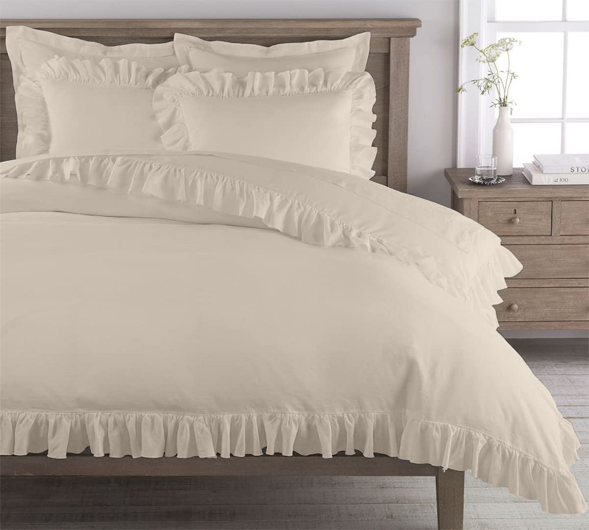 Kotton Culture 600 Thread Count 100% Egyptian Cotton Ruffle Trim Fringe Duvet Cover Set (1 Duvet Cover & 2 Pillow Shams) Frilled Bohemian Bedding (California King/King, Ivory)