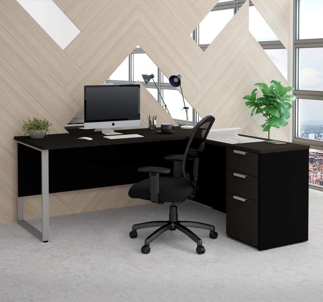 Bestar Pro-Concept Plus L-Shaped Desk with Drawers, Deep Grey & Black