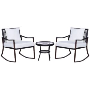 outsunny 3 piece patio rocking bistro set, outdoor pe rattan wicker rocking chairs with cushioned, pillows, two-tier glass storage shelf coffee table, cream white