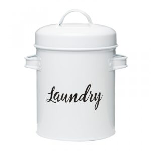 amici home launderette metal canister | laundry detergent storage tin | 64 ounce capacity | farmhouse décor | laundry powder container with handles, white