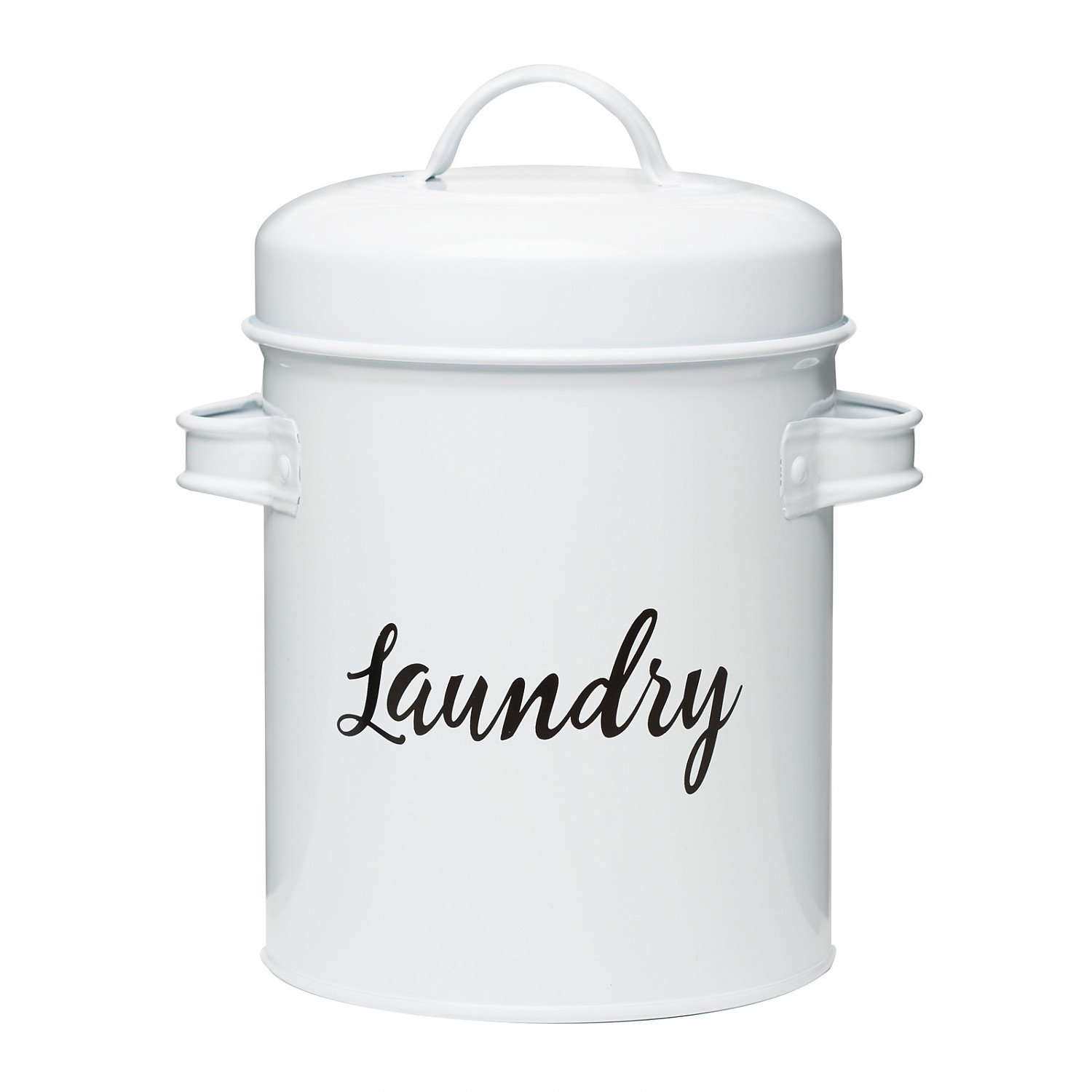 Amici Home Launderette Metal Canister | Laundry Detergent Storage Tin | 64 Ounce Capacity | Farmhouse Décor | Laundry Powder Container with Handles, White