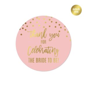 andaz press blush pink and metallic gold confetti polka dots bachelorette party bridal shower collection, round circle label stickers, thank you for celebrating the bride to be!, 40-pack