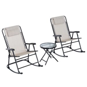 outsunny 3 piece outdoor rocking chair set, patio folding lawn rocker set with glass coffee table, headrests for yard, patio, deck, backyard, cream white