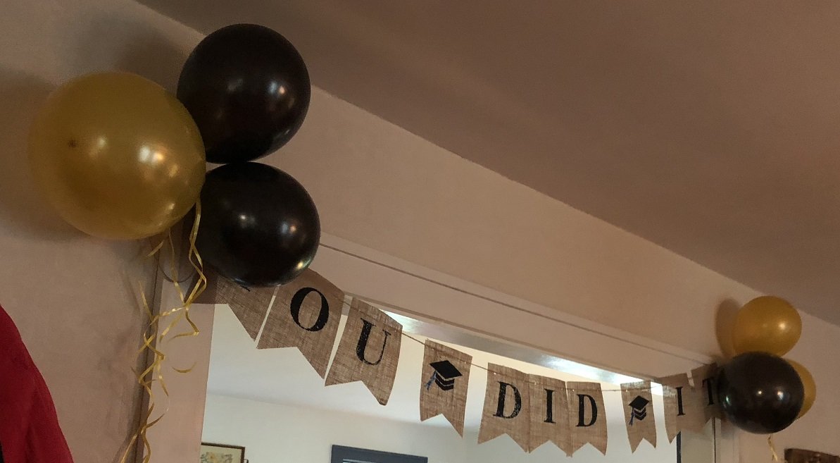 YOU DID IT Graduation Banner - Grad Party Supplies and Decorations - Gold and Black Balloons - Ready to Hang Graduation Burlap Banner by Jolly Jon