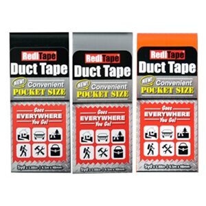 reditape 10932 colored compact flat fold duct tape | for travel, camping, photography and emergencies | pocket size, 3-pack, black, orange, silver