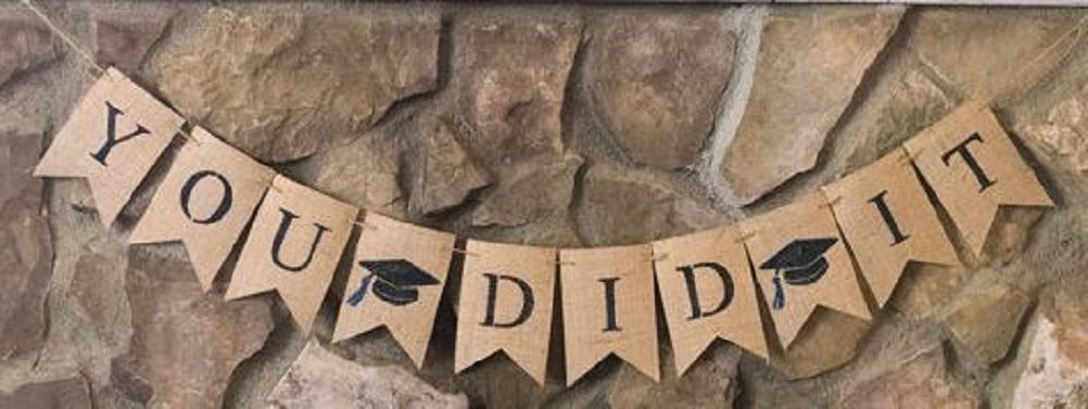 YOU DID IT Graduation Banner - Grad Party Supplies and Decorations - Gold and Black Balloons - Ready to Hang Graduation Burlap Banner by Jolly Jon