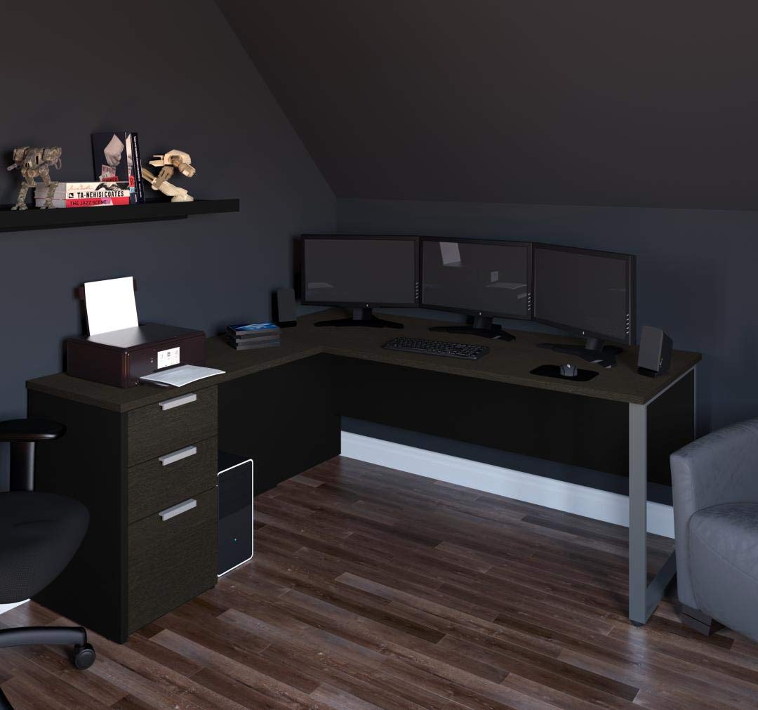 Bestar Pro-Concept Plus L-Shaped Desk with Drawers, Deep Grey & Black