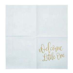 BLUE PANDA 50 Pack Pink Baby Shower Napkins –“Welcome Little One” Light Blue Napkins with Gold Foil for Baby Shower Decorations (5x5 In) - Baby Boy Shower Napkins - Welcome Baby Napkins