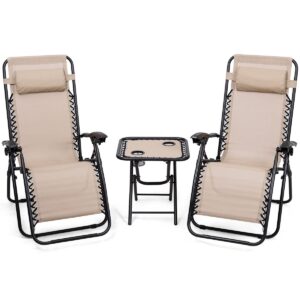 giantex 3 pcs zero gravity chair patio chaise lounge chairs outdoor yard pool recliner folding lounge table chair set backyard lounge chairs (beige)