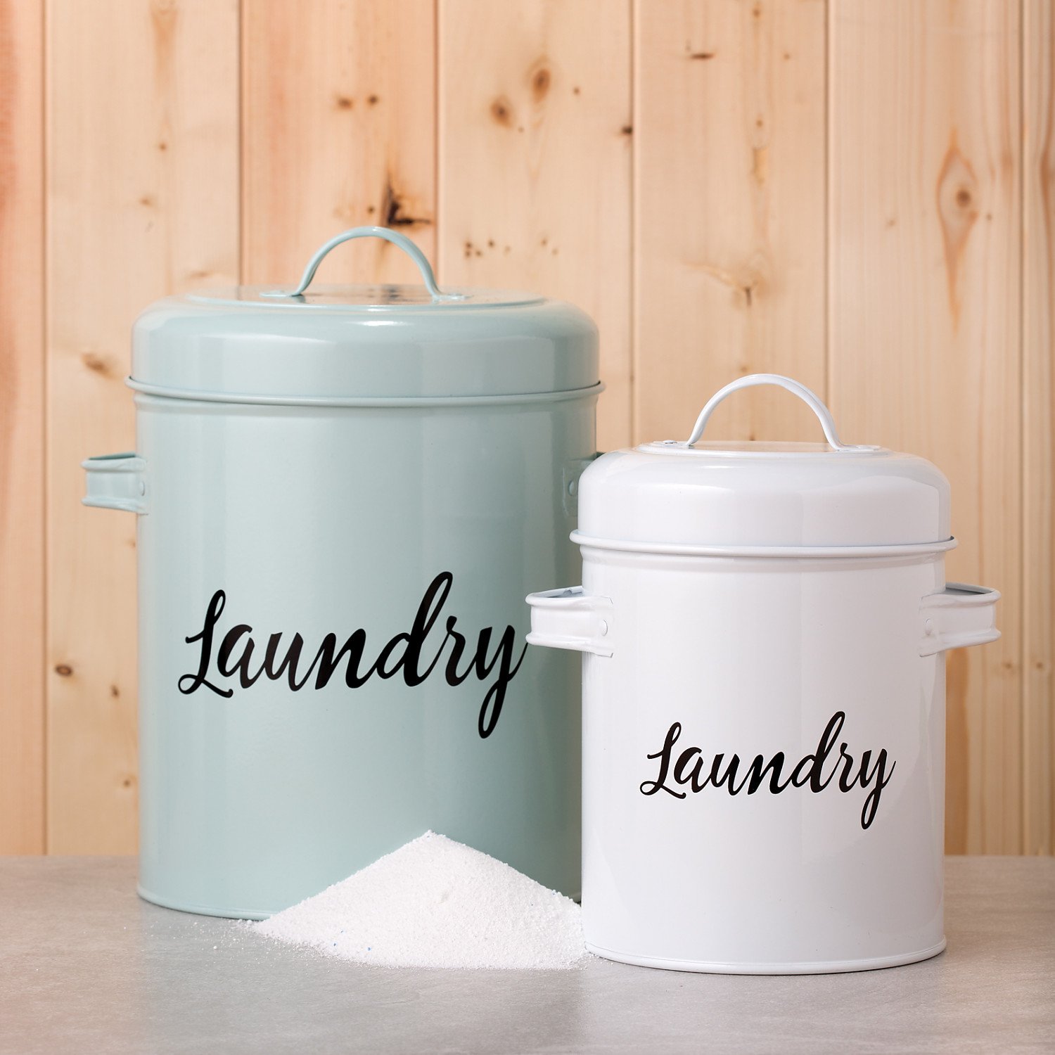 Amici Home Launderette Metal Canister | Laundry Detergent Storage Tin | 64 Ounce Capacity | Farmhouse Décor | Laundry Powder Container with Handles, White