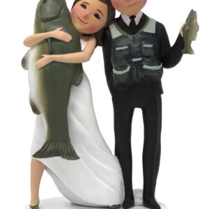 Dihtan Unique and Funny Fishing Wedding Cake Toppers Bride and Groom (Light Skin Dark Hair)