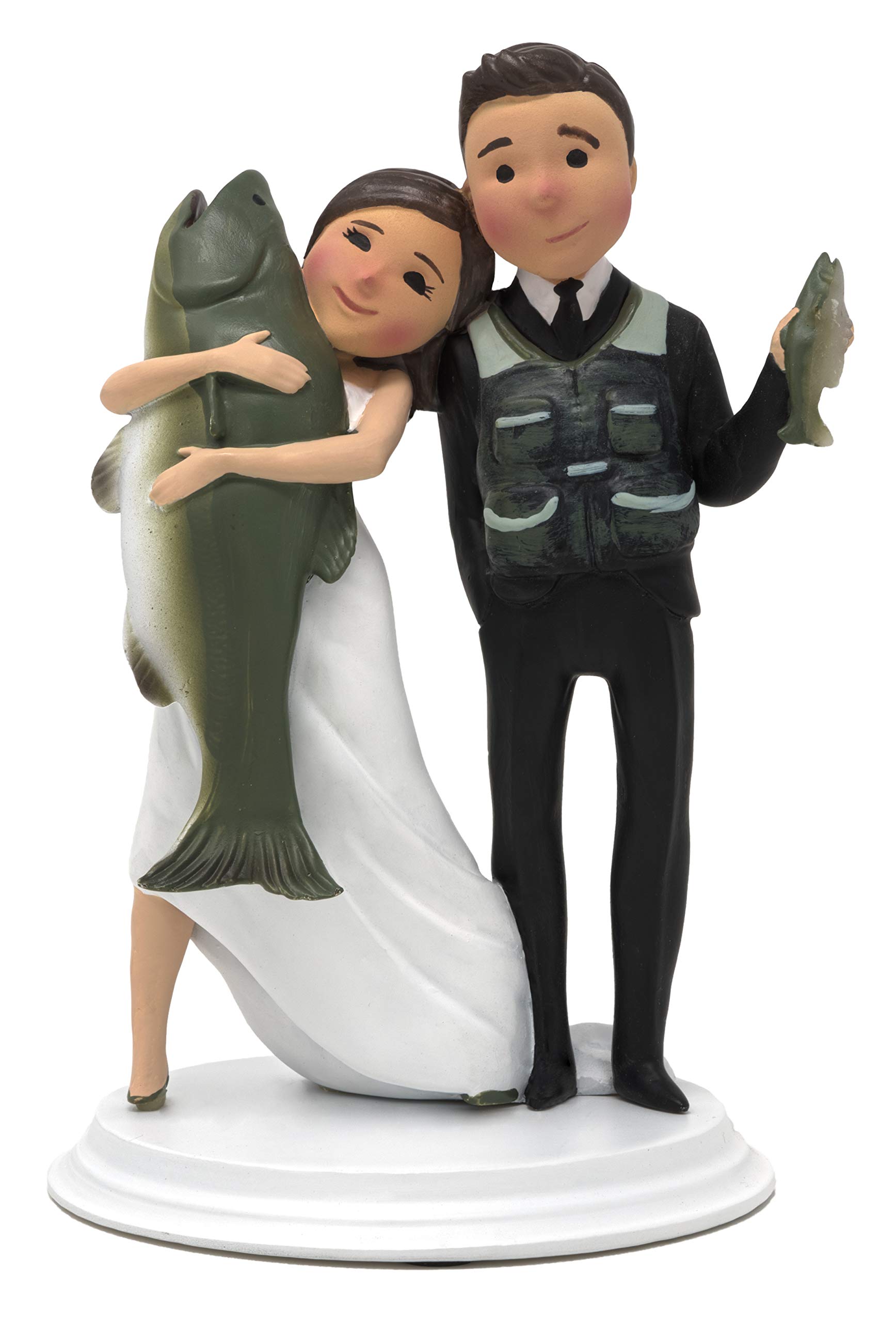 Dihtan Unique and Funny Fishing Wedding Cake Toppers Bride and Groom (Light Skin Dark Hair)