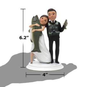 Dihtan Unique and Funny Fishing Wedding Cake Toppers Bride and Groom (Light Skin Dark Hair)