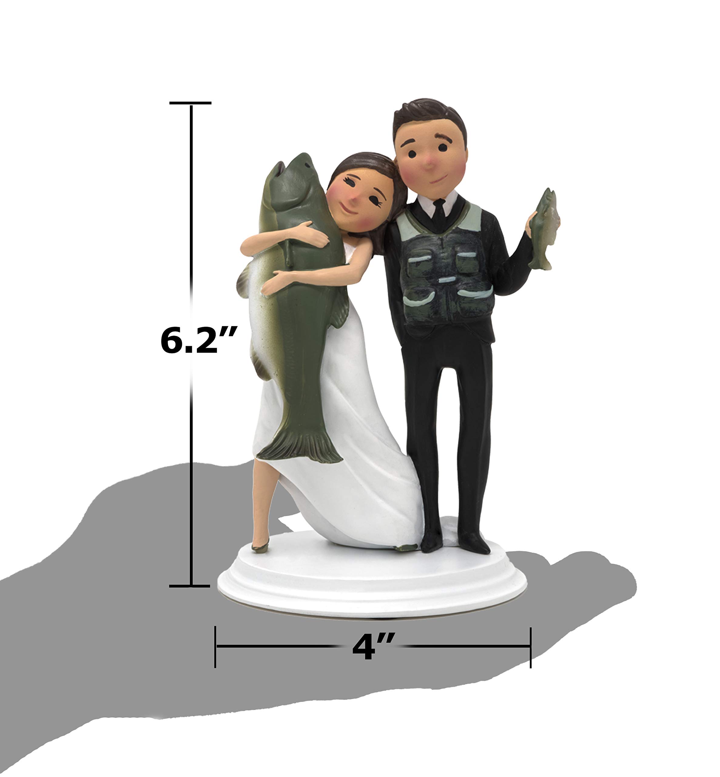 Dihtan Unique and Funny Fishing Wedding Cake Toppers Bride and Groom (Light Skin Dark Hair)