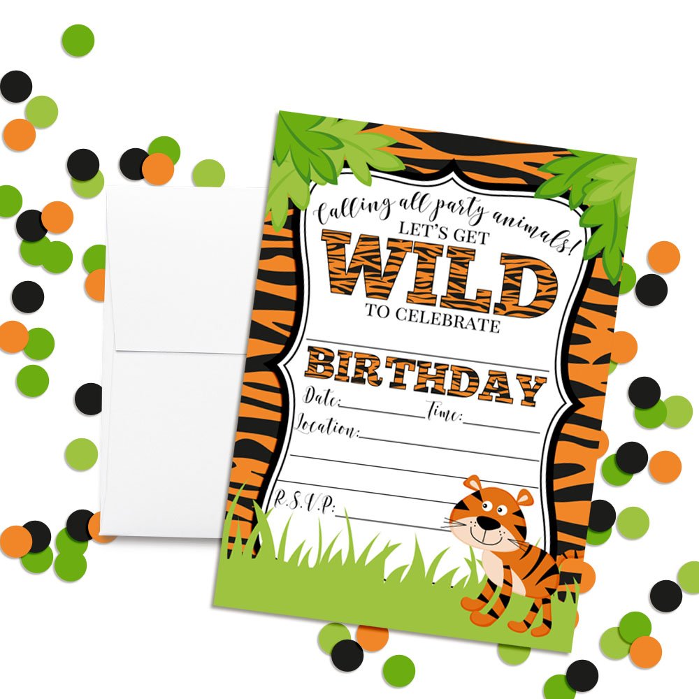 Tiger Birthday Party Invitations for a WILD time, 20 5x7 Fill In Cards with Twenty White Envelopes by AmandaCreation.