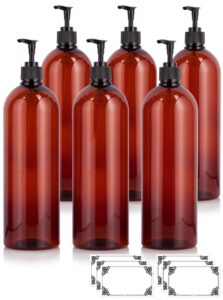 juvitus 32 oz amber boston round pet bottles with black lotion pump (6 pack) + labels