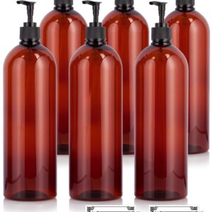 JUVITUS 32 oz Amber Boston Round PET Bottles with Black Lotion Pump (6 pack) + Labels