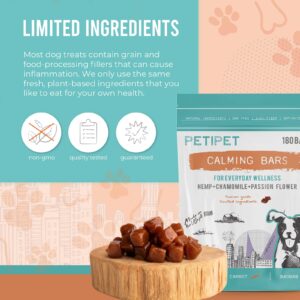 PETIPET Vegan Calming Bars for Small Dogs - Anxiety Composure Relief - with Carrots, Apples, Hemp, Chamomile, Passion Flower - for Dog Stress & Separation Aid + Chewing & Barking 180 Treats