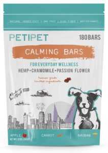 petipet vegan calming bars for small dogs - anxiety composure relief - with carrots, apples, hemp, chamomile, passion flower - for dog stress & separation aid + chewing & barking 180 treats