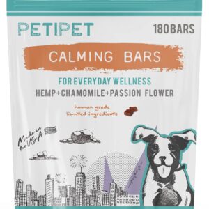 PETIPET Vegan Calming Bars for Small Dogs - Anxiety Composure Relief - with Carrots, Apples, Hemp, Chamomile, Passion Flower - for Dog Stress & Separation Aid + Chewing & Barking 180 Treats