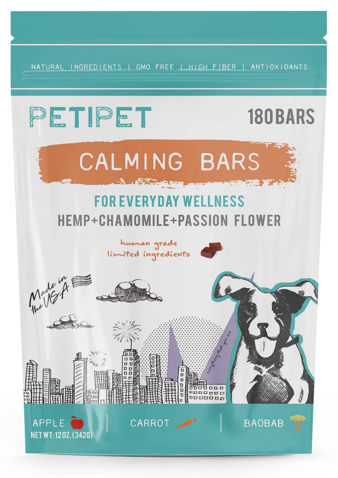 PETIPET Vegan Calming Bars for Small Dogs - Anxiety Composure Relief - with Carrots, Apples, Hemp, Chamomile, Passion Flower - for Dog Stress & Separation Aid + Chewing & Barking 180 Treats