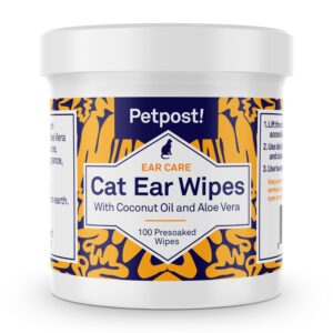 petpost | cat ear cleaner wipes - ultra soft cotton pads in coconut oil solution - treatment for removing cat ear dirt & wax 100 ct.