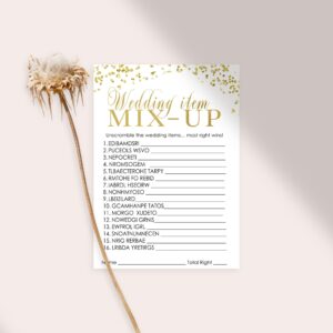 Black and Gold Bridal Shower Word Scramble Game Unscramble Wedding Phrases, Modern Confetti, 4x6 Cards, 25 Guest Pack