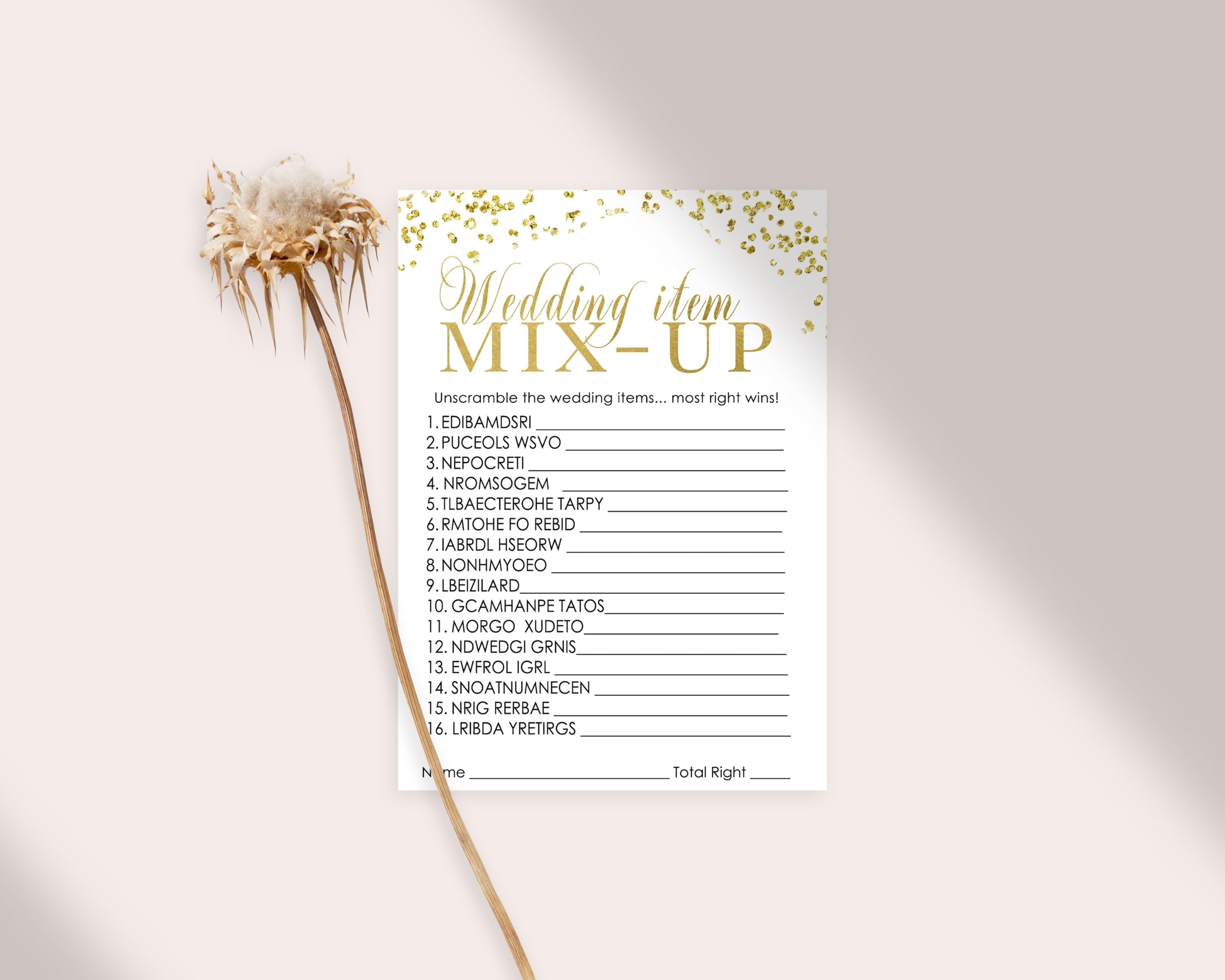 Black and Gold Bridal Shower Word Scramble Game Unscramble Wedding Phrases, Modern Confetti, 4x6 Cards, 25 Guest Pack