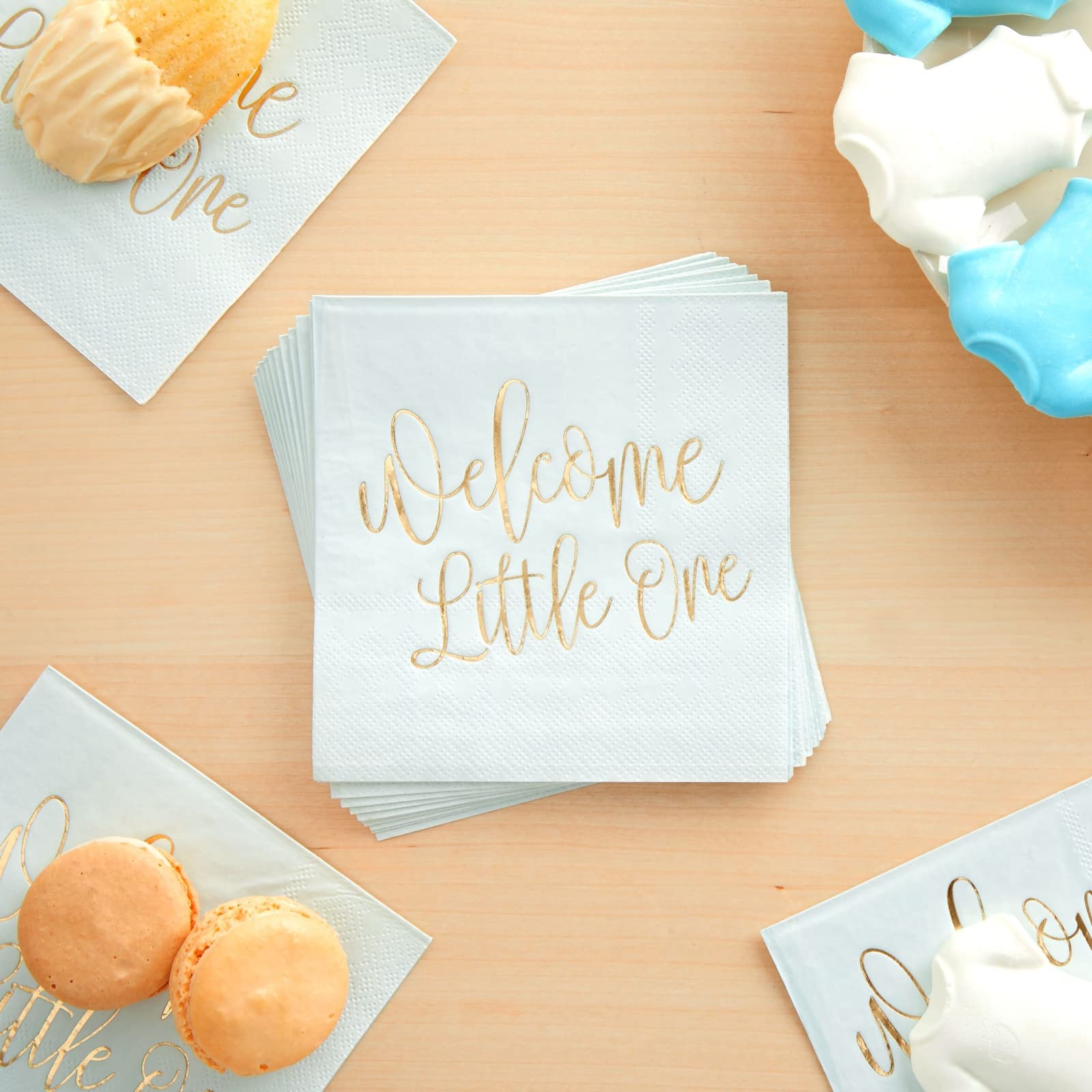 BLUE PANDA 50 Pack Pink Baby Shower Napkins –“Welcome Little One” Light Blue Napkins with Gold Foil for Baby Shower Decorations (5x5 In) - Baby Boy Shower Napkins - Welcome Baby Napkins