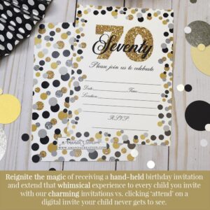 Confetti Polka Dot 70th Birthday Party Invitations, 20 5x7 Fill In Cards with Twenty White Envelopes by AmandaCreation