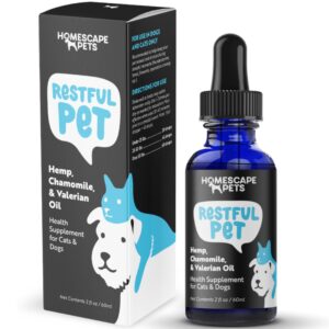 homescape pets restful pet - calming drops - anxiety, fireworks, storms, stress relief - organic hemp oil, chamomile & valerian for dogs and cats - vet recommended