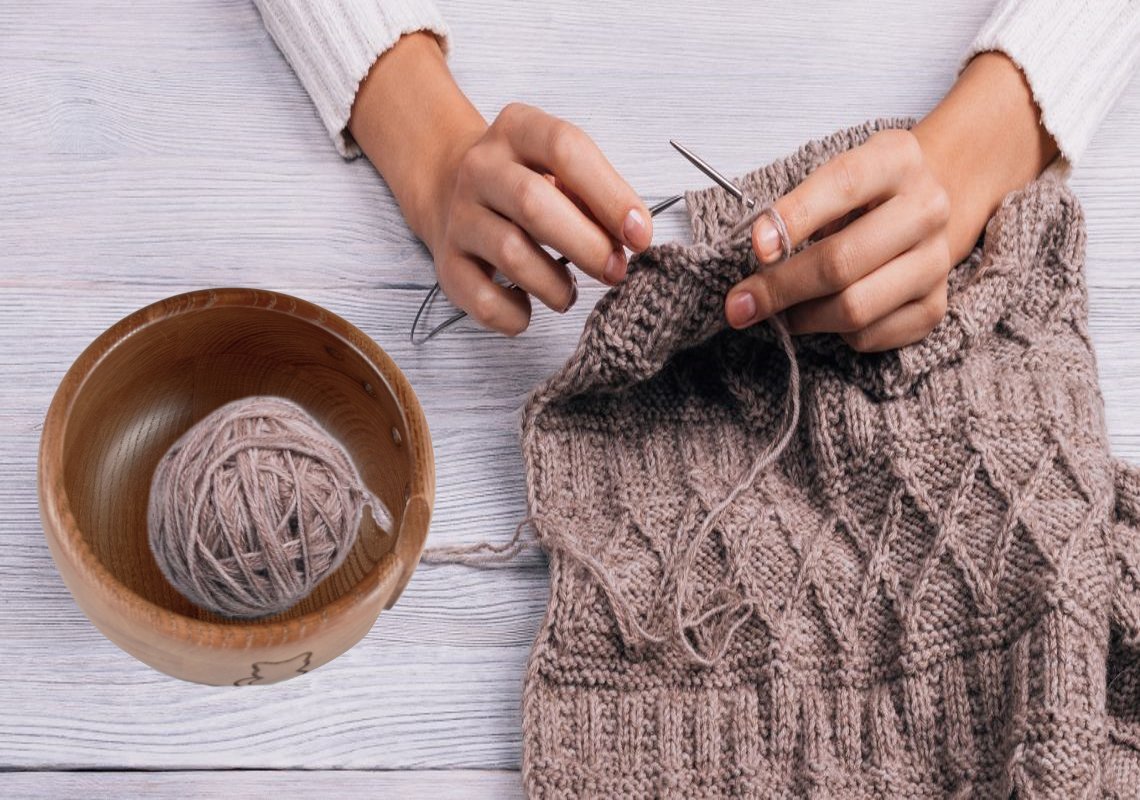 Wooden Yarn Bowl for Knitting and Crocheting Wide and Deep for Projects of Any Size Holder Dimensions Allow You to Place Large Yarn Cakes and Wool Balls