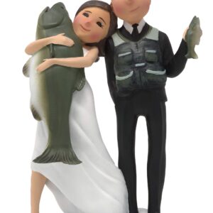 Dihtan Unique and Funny Fishing Wedding Cake Toppers Bride and Groom (Light Skin Dark Hair)